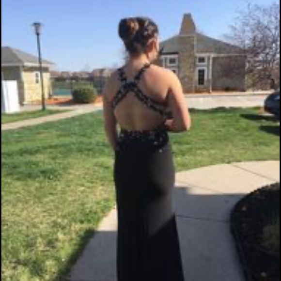 Dresses | Floor Length Black Gemmed Prom Dress With Slit On The Leg ...